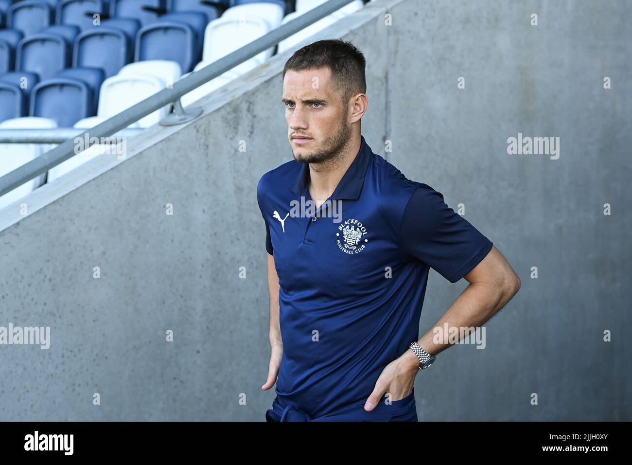 Jerry Yates #9 of Blackpool arrives at Kellamergh Park, home of AFC ...
