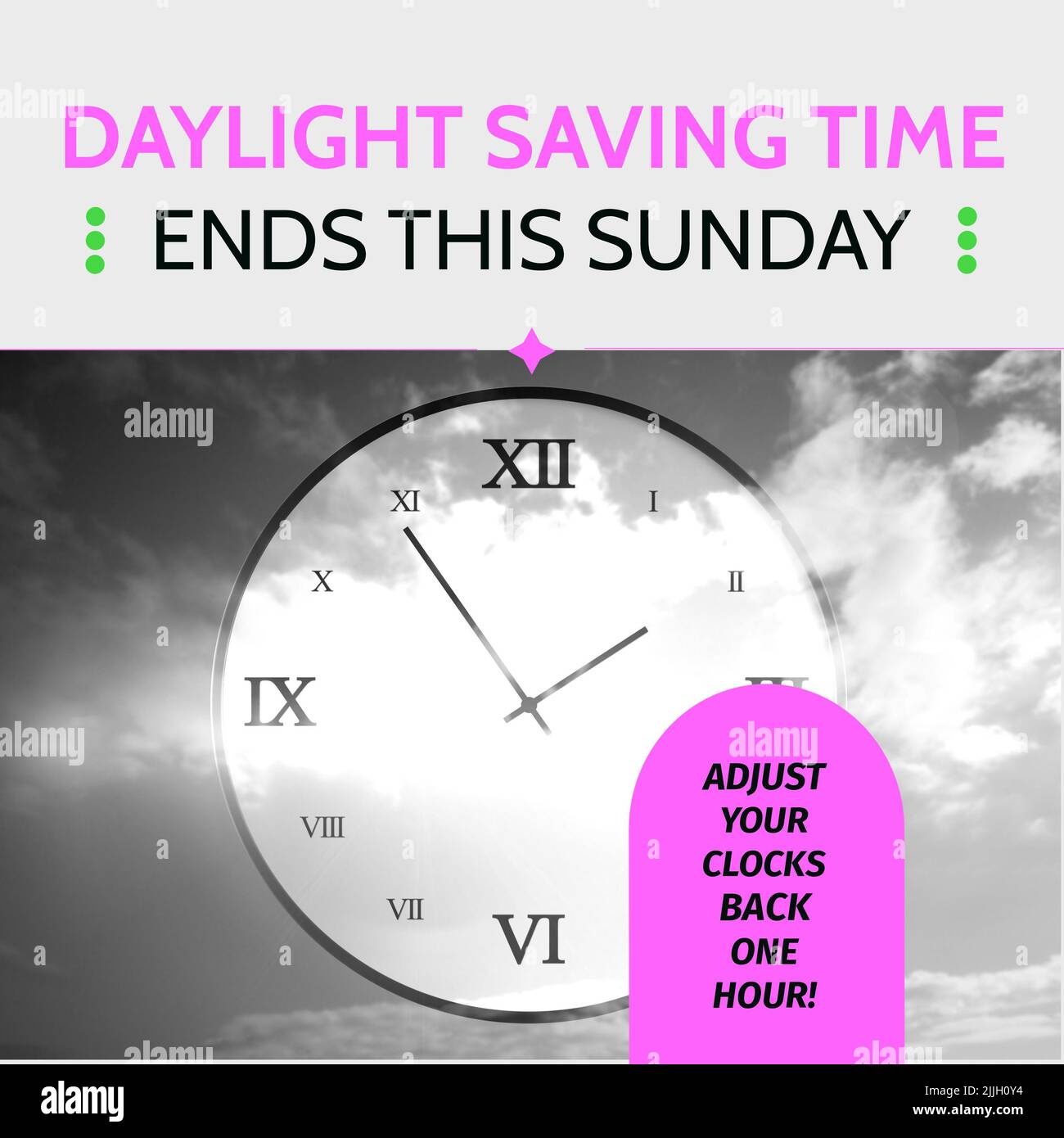 Composition of end of daylight saving time text over clock Stock Photo ...