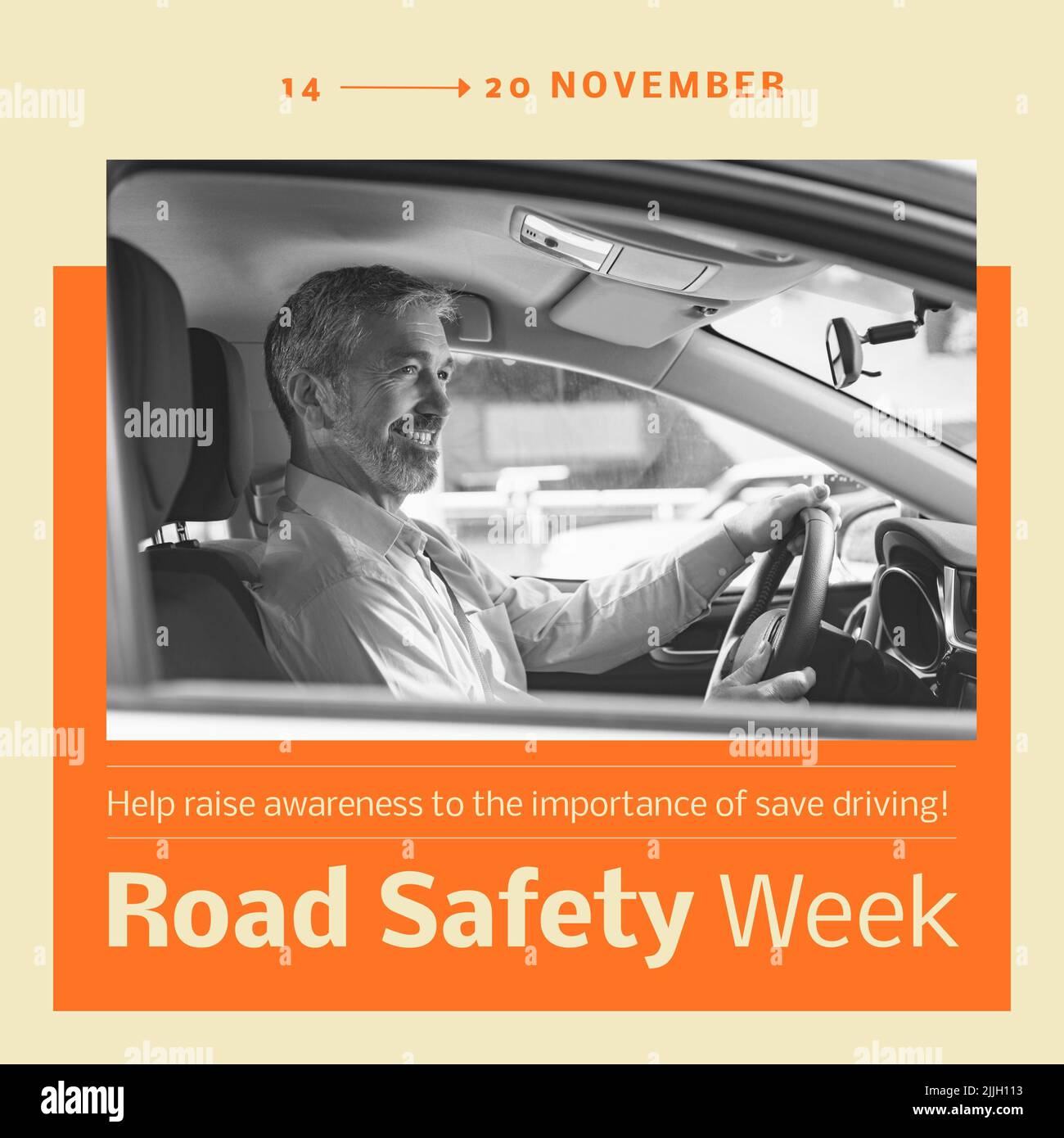 Composition of road safety week text over caucasian man in car Stock ...