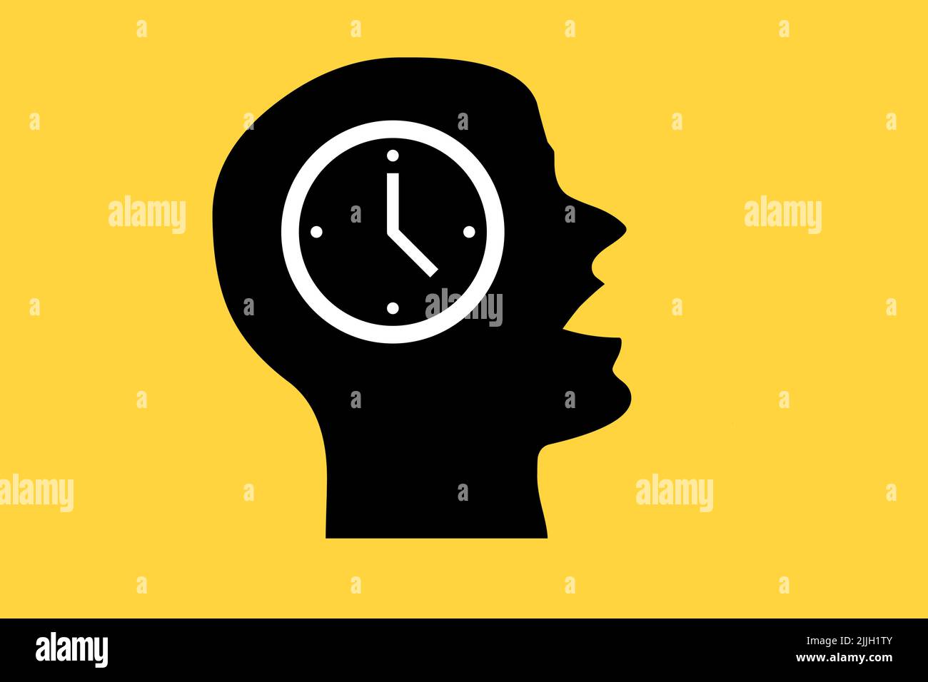 A black human head with a clock in the place of the brain on a yellow ...