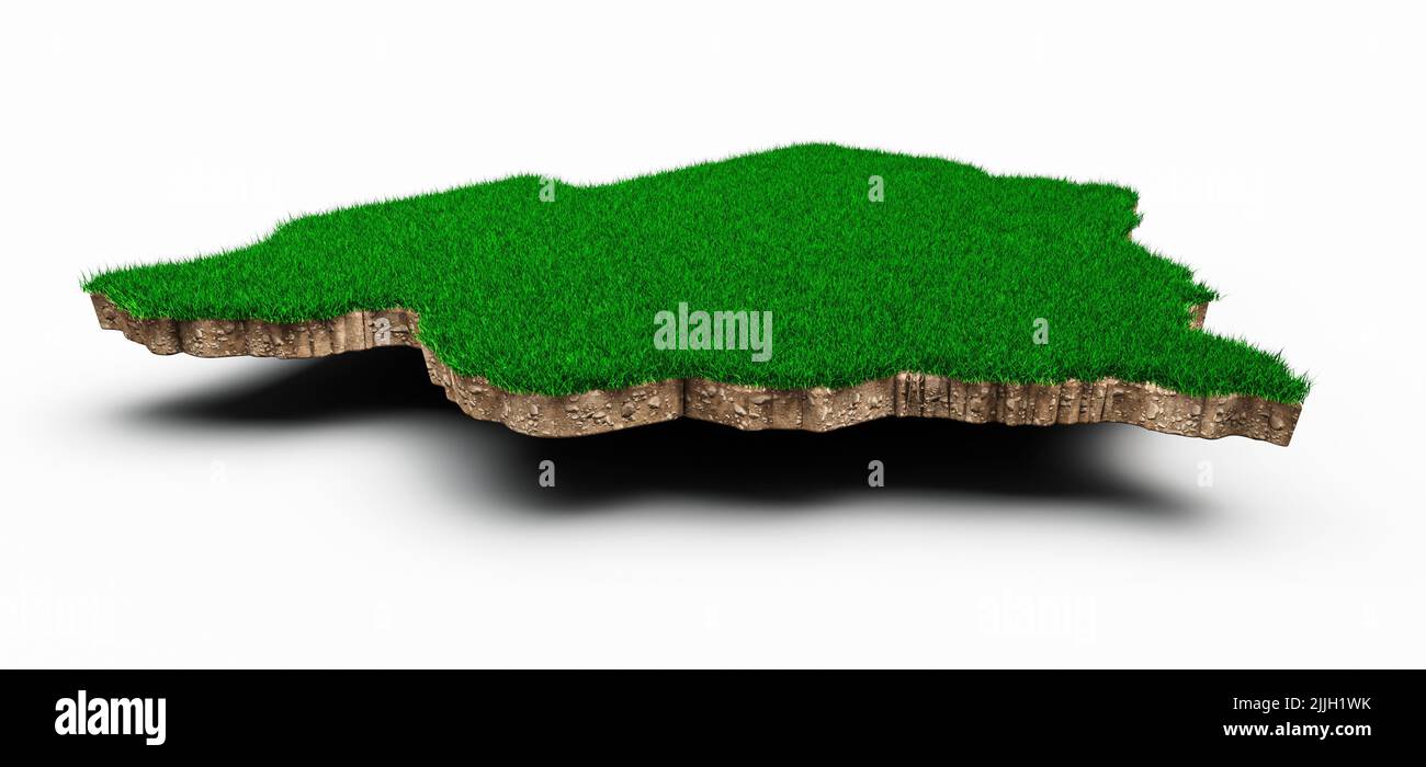 A 3D rendering of Botswana geological map with green grass and rock ...