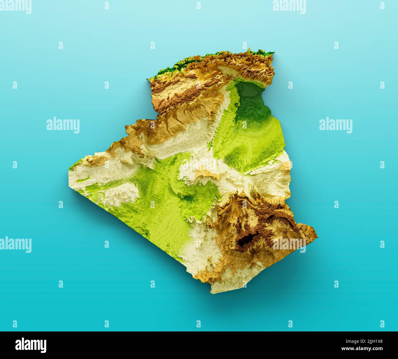 A 3d rendering of a shaded relief map of Algeria on blue sea background ...