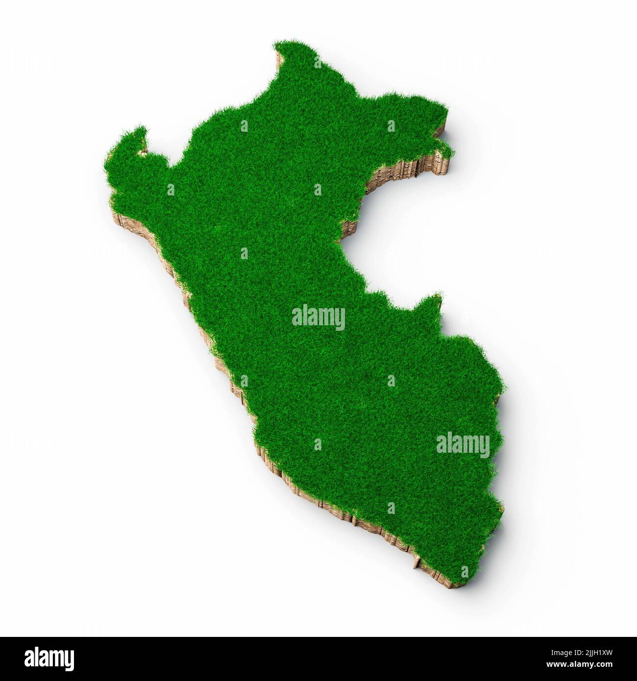 A 3D rendering of Peru geological map with green grass and rock ground ...