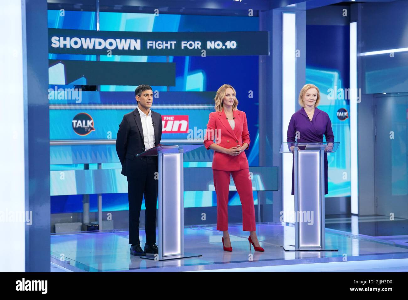 Liz Truss and Rushi Sunak with host TalkTV Political Editor Kate McCann ...