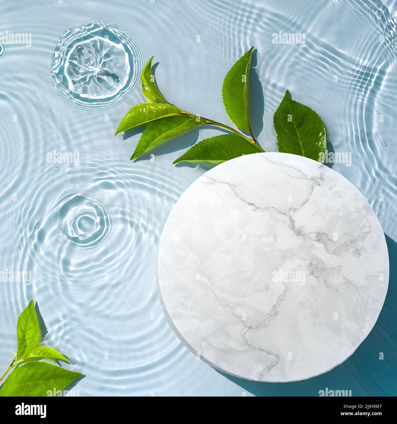 Round empty podium and tropical leaves in water with waves for natural ...