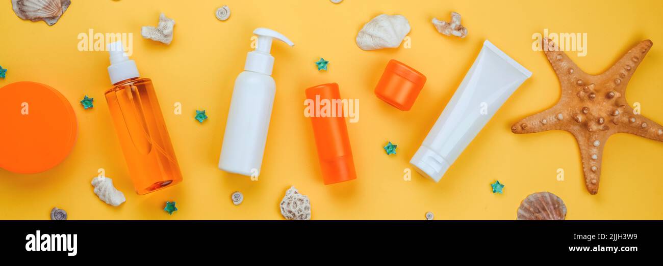 Natural sun protection cosmetics, cream with SPF. Banner Stock Photo ...
