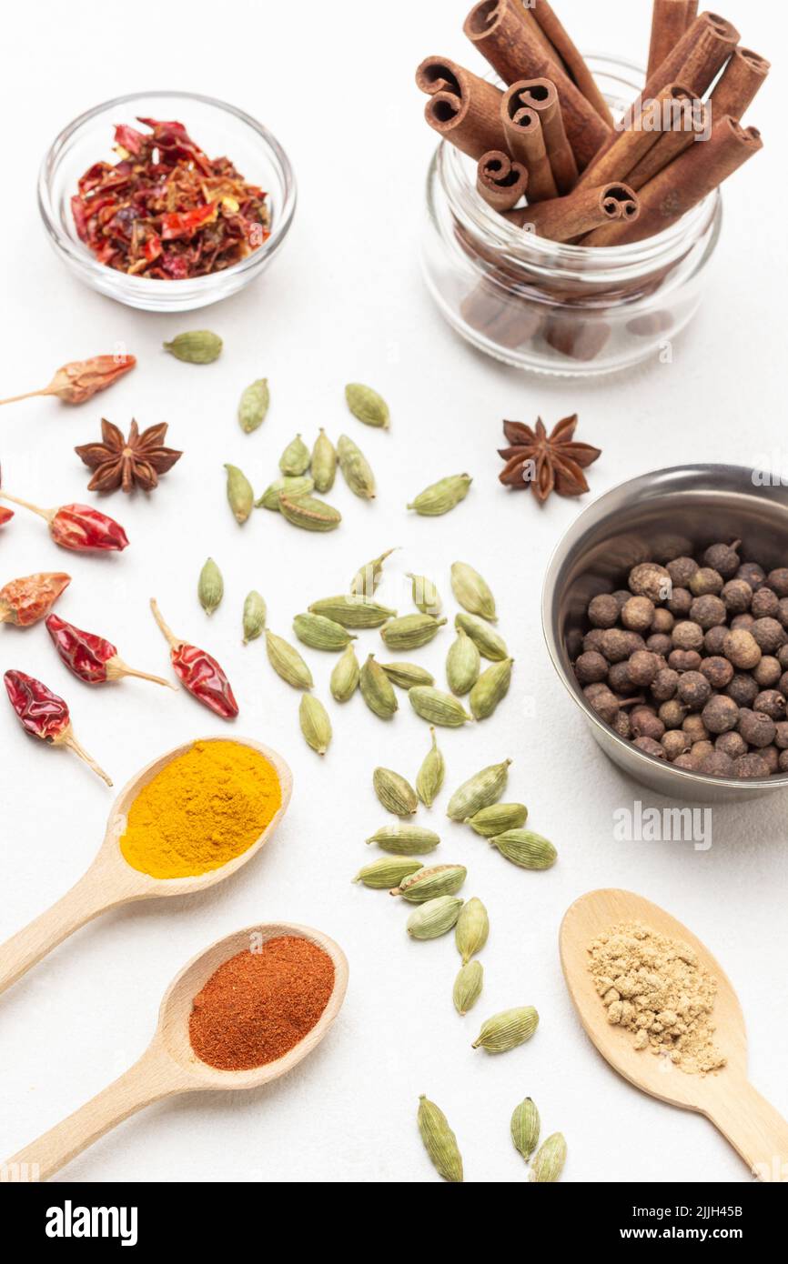 Allspice in metal bowl and cinnamon sticks in jar. Ground paprika ...