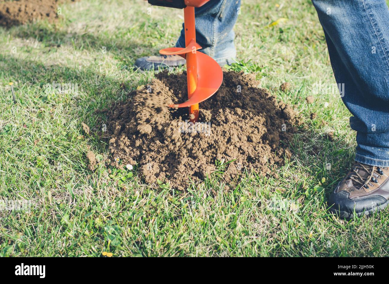 drukkubg naching preparing holes into soil for planting new plant, for ...