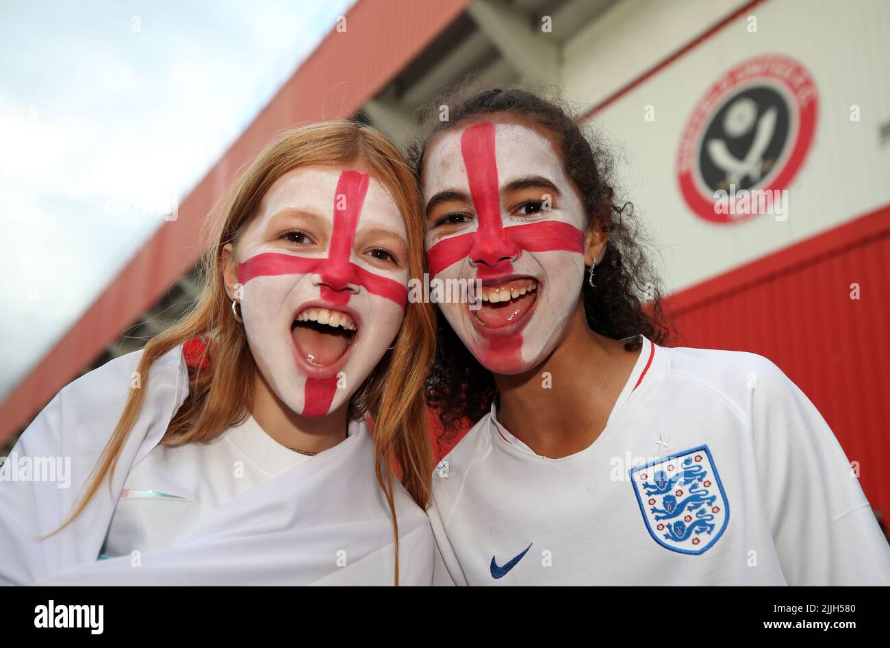 England fans pose for a photo prior to the UEFA Women's Euro 2022 semi ...