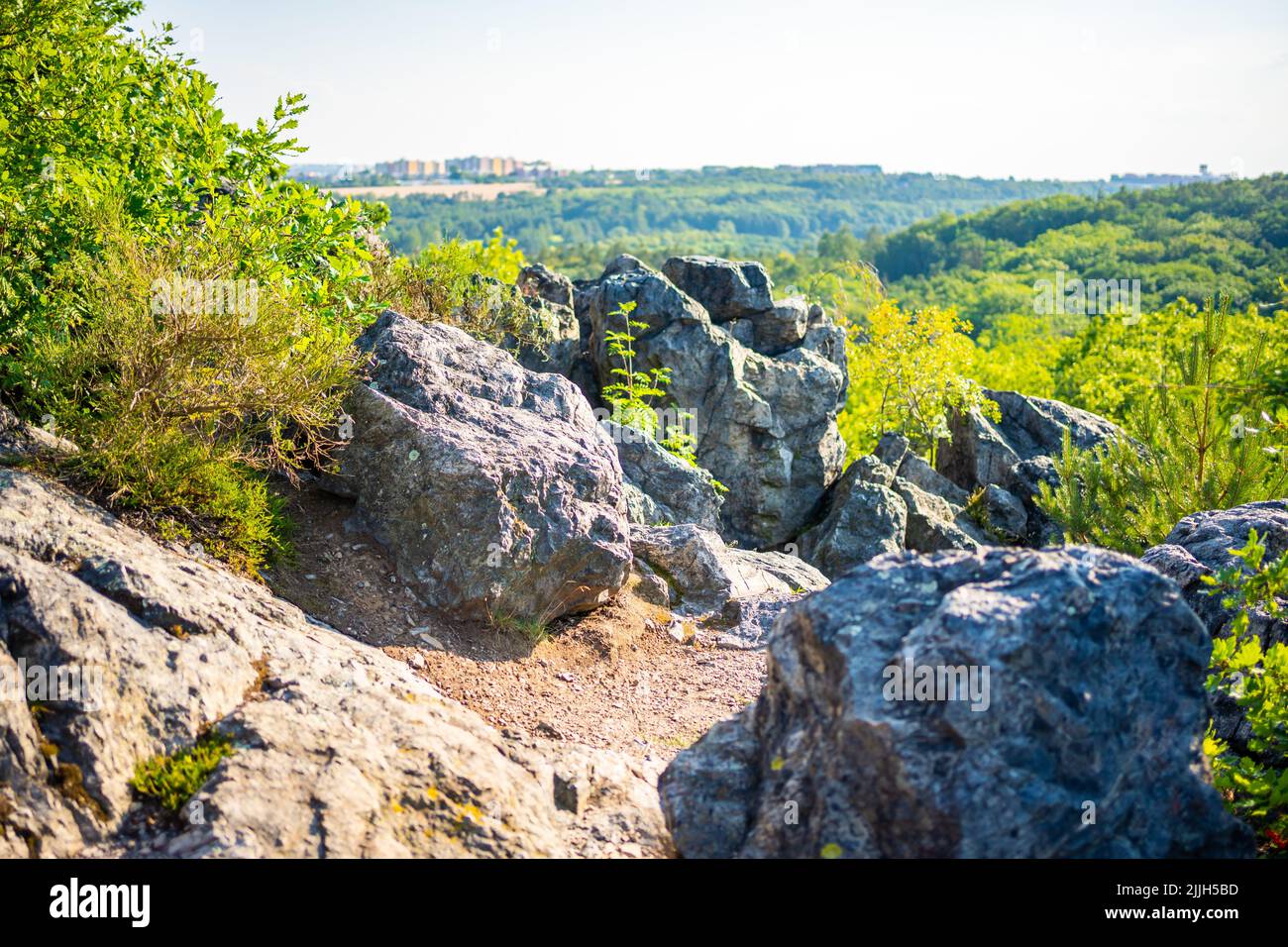 Popular wild park Divoka Sarka in Prague city in sunset time in summer ...