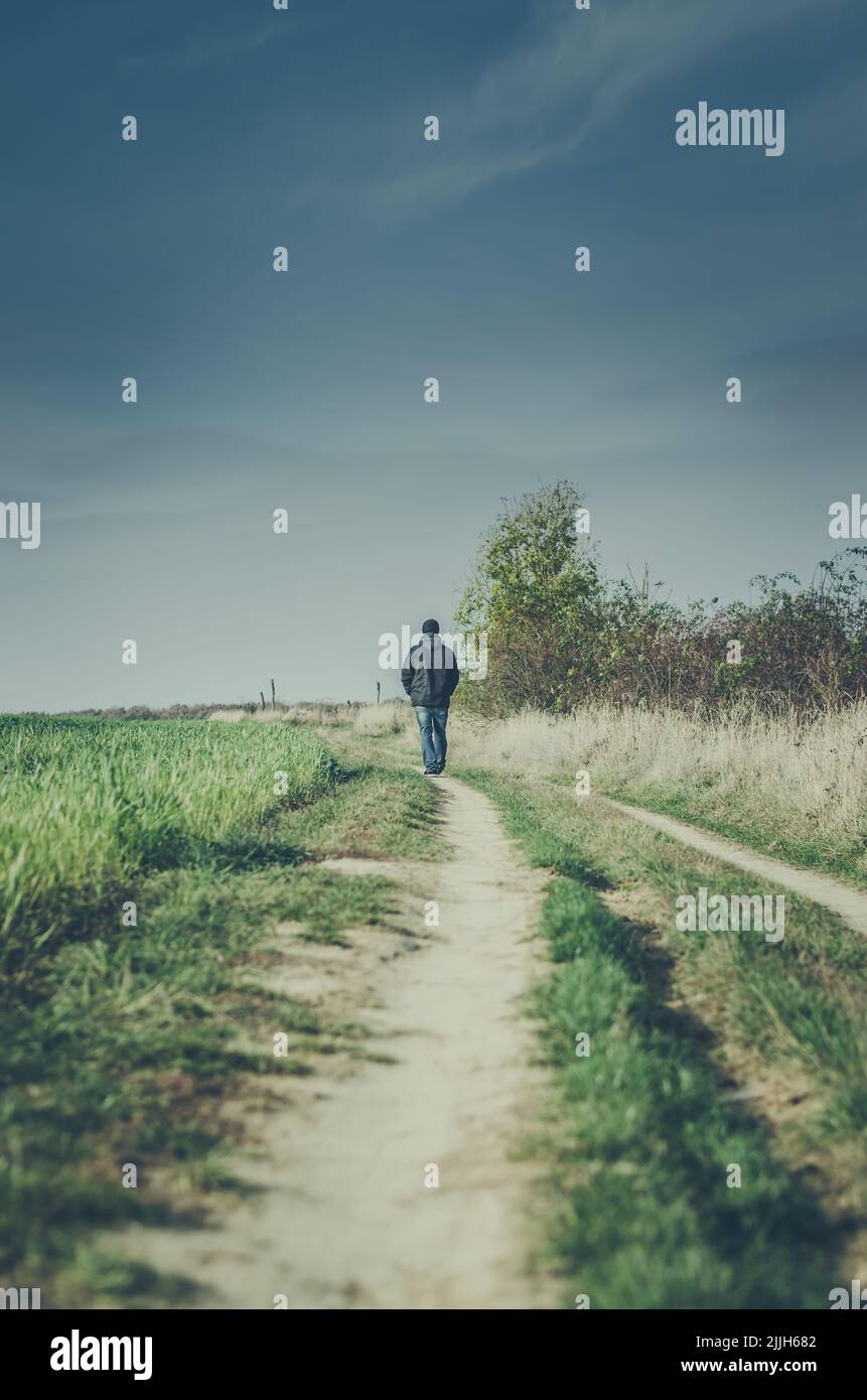 nostalgic autumn day with sad man leaving away among empty meadows in ...