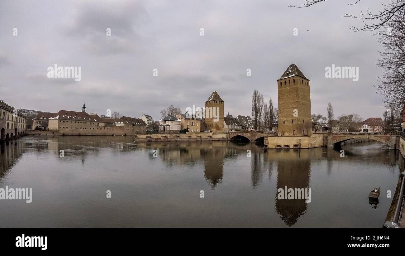 The towers of the medieval bridge Ponts Couverts in Strasbourg, Alsace ...