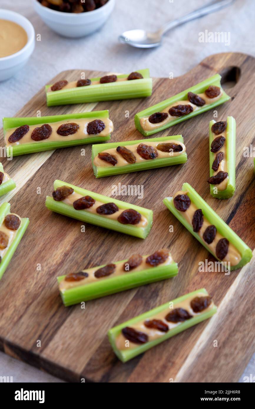 Homemade ants on a log with celery, peanut butter and raisins on a ...