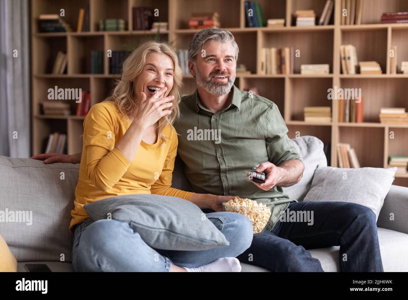 Couple S Leisure Positive Middle Aged Spouses Laughing While Watching