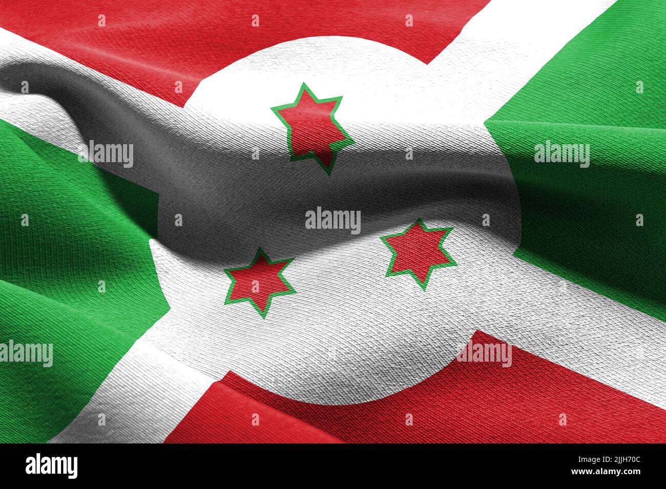 3D illustration closeup flag of Burundi. Waving on the wind flag ...