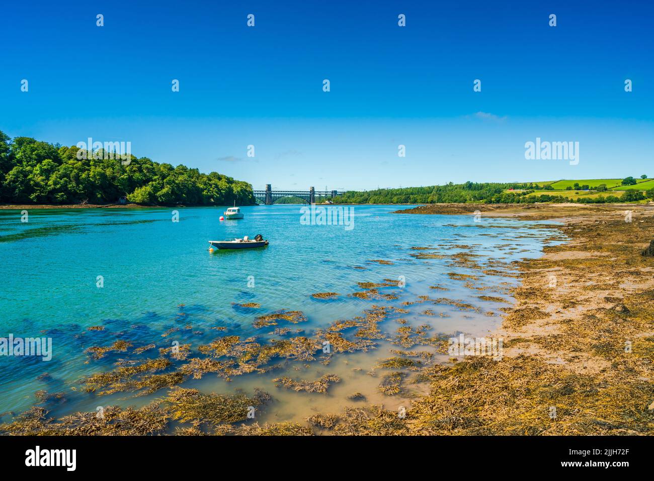 View of Pont Brittania bridge across the Menai Strait between the ...