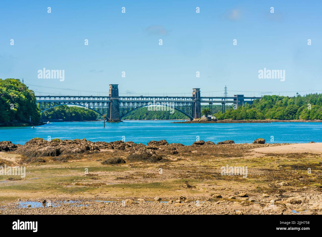View of Pont Brittania bridge across the Menai Strait between the ...
