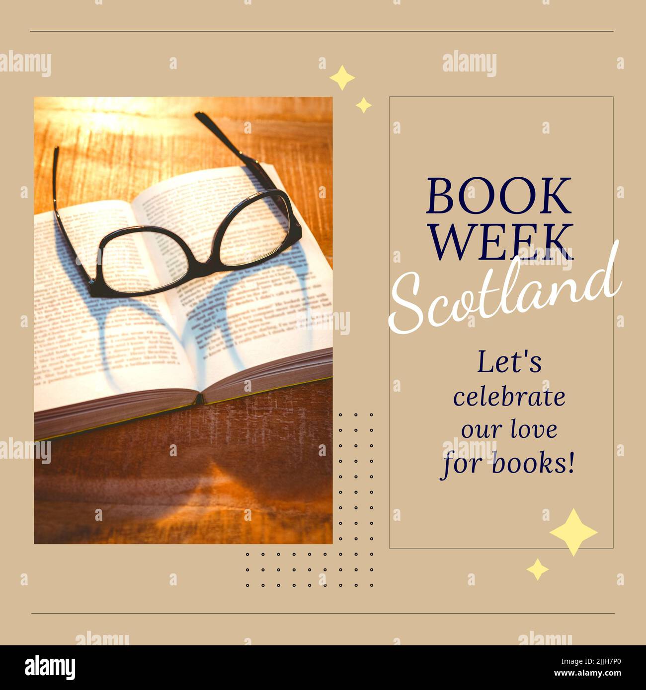 Composition of book week scotland text with book and glasses on beige ...
