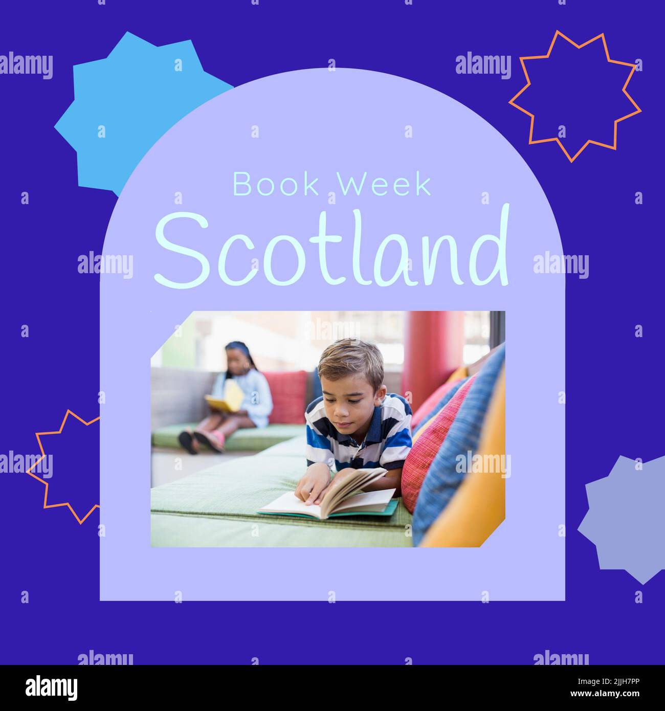 Composition of book week scotland text with diverse children reading ...