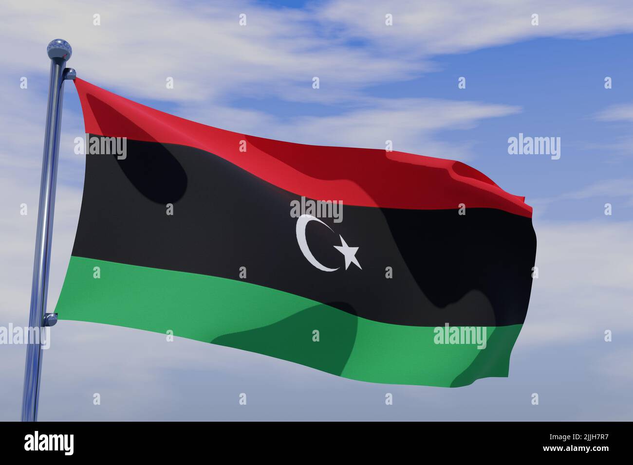 A 3D illustration of waving flag of Libya with a chrome flag pole on ...