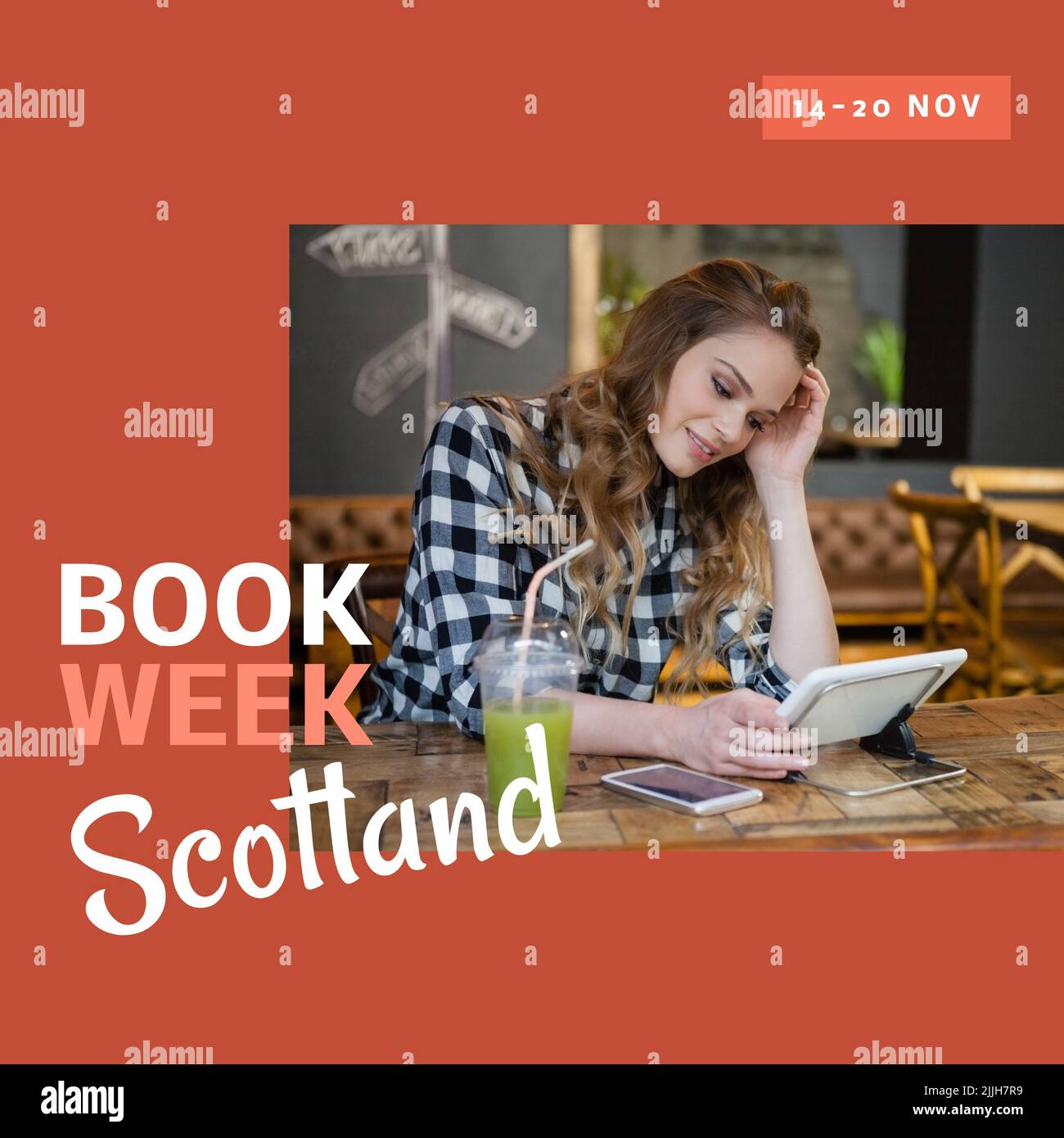 Composition of book week scotland text over caucasian woman using ...