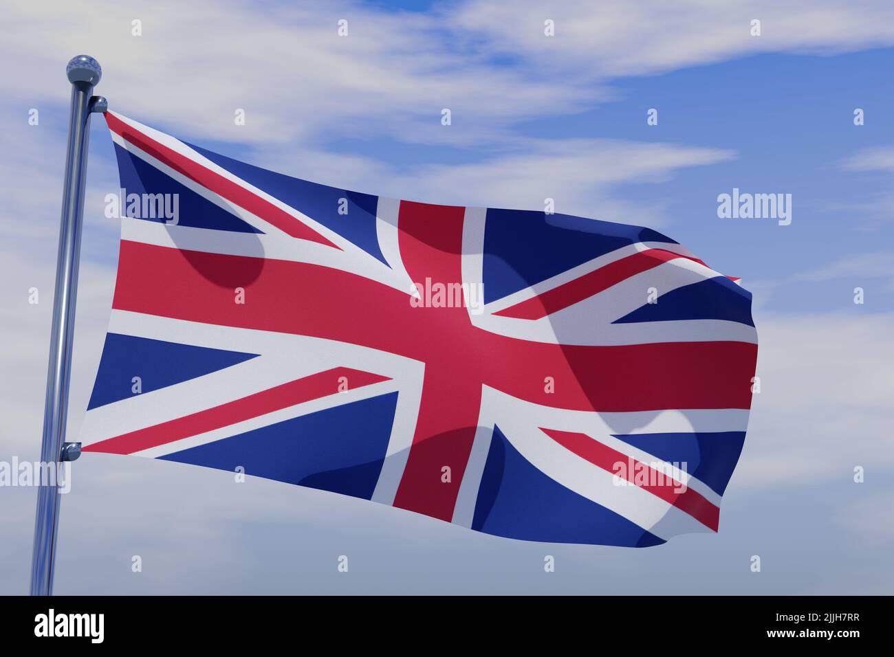 A 3D illustration of waving flag of the United Kingdom with a chrome ...