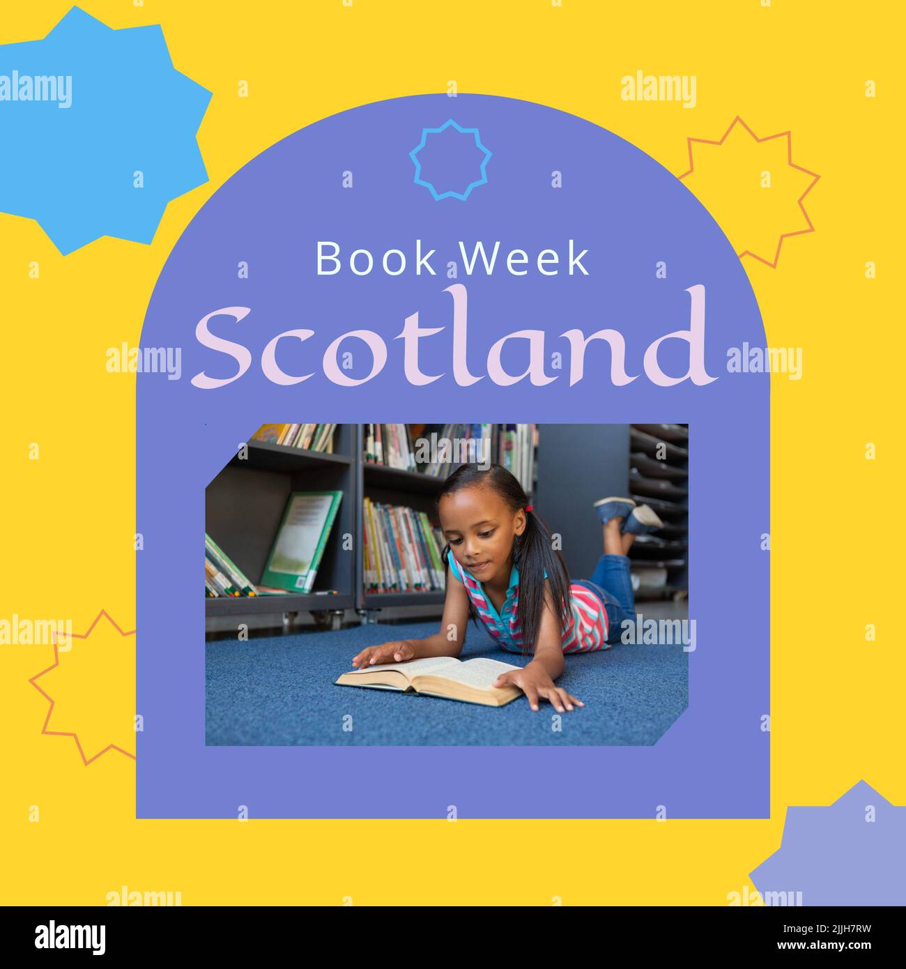 Composition of book week scotland text with biracial girl reading book ...