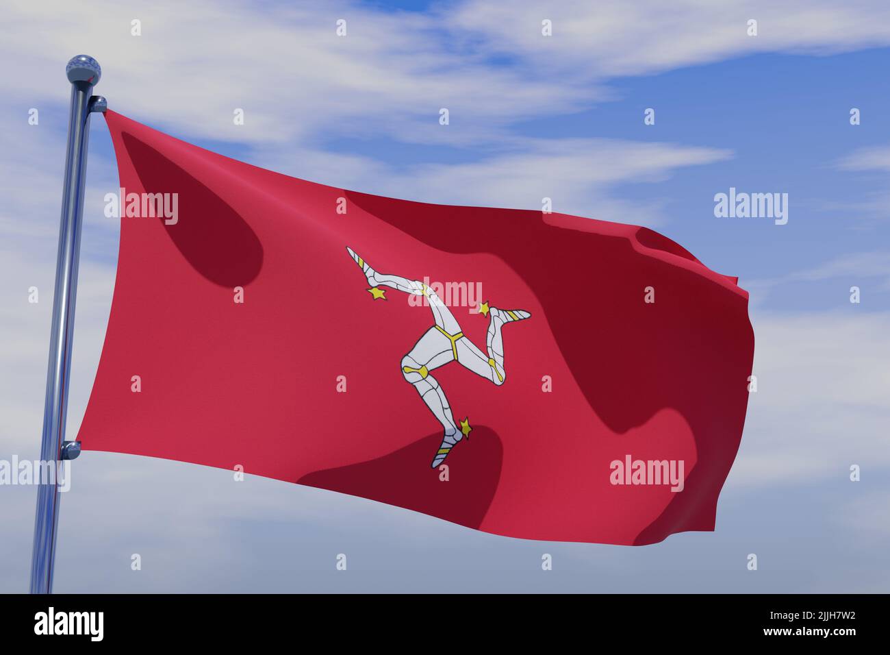 A 3D illustration of waving flag of the Isle of Man with a chrome flag ...