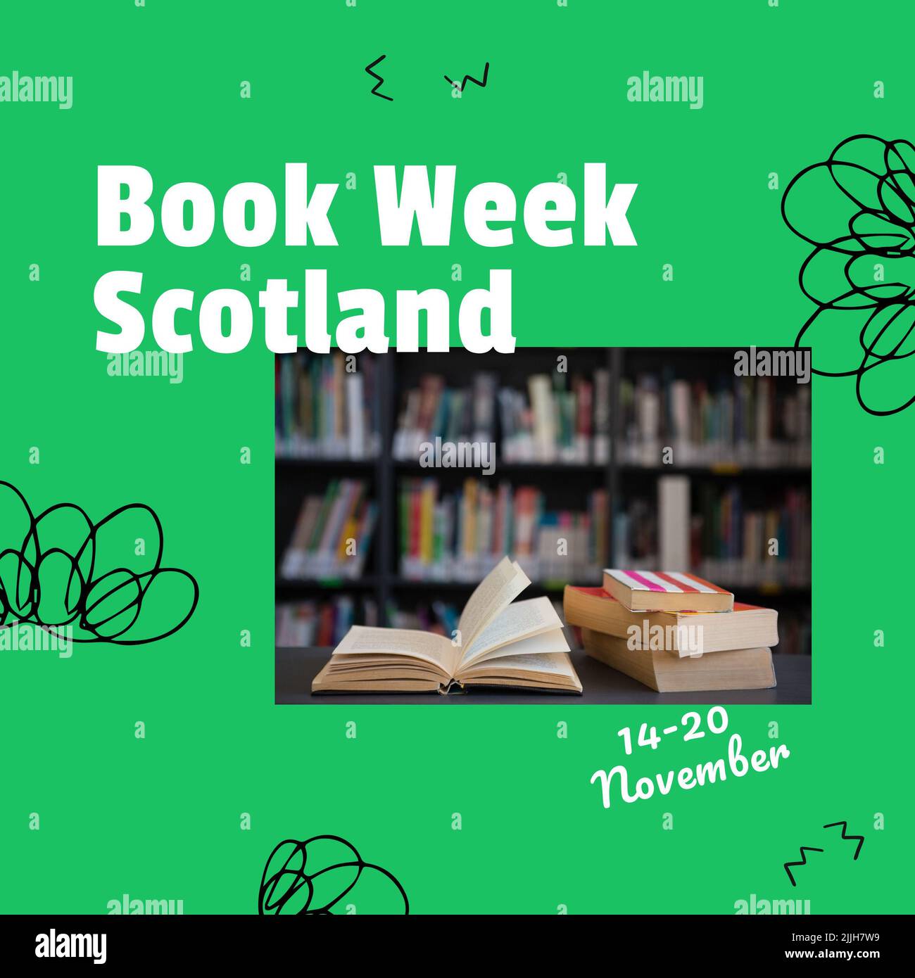Composition of book week scotland text with books on green background ...