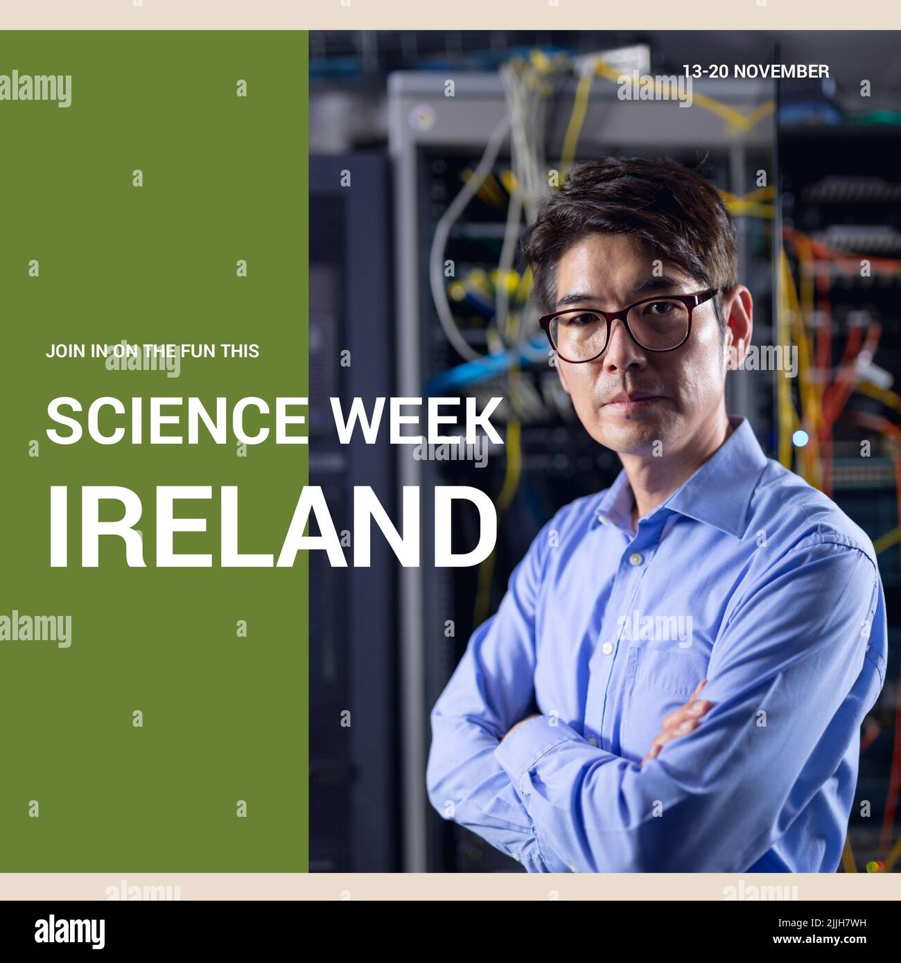 Composition of science week ireland text with asian man in server room ...