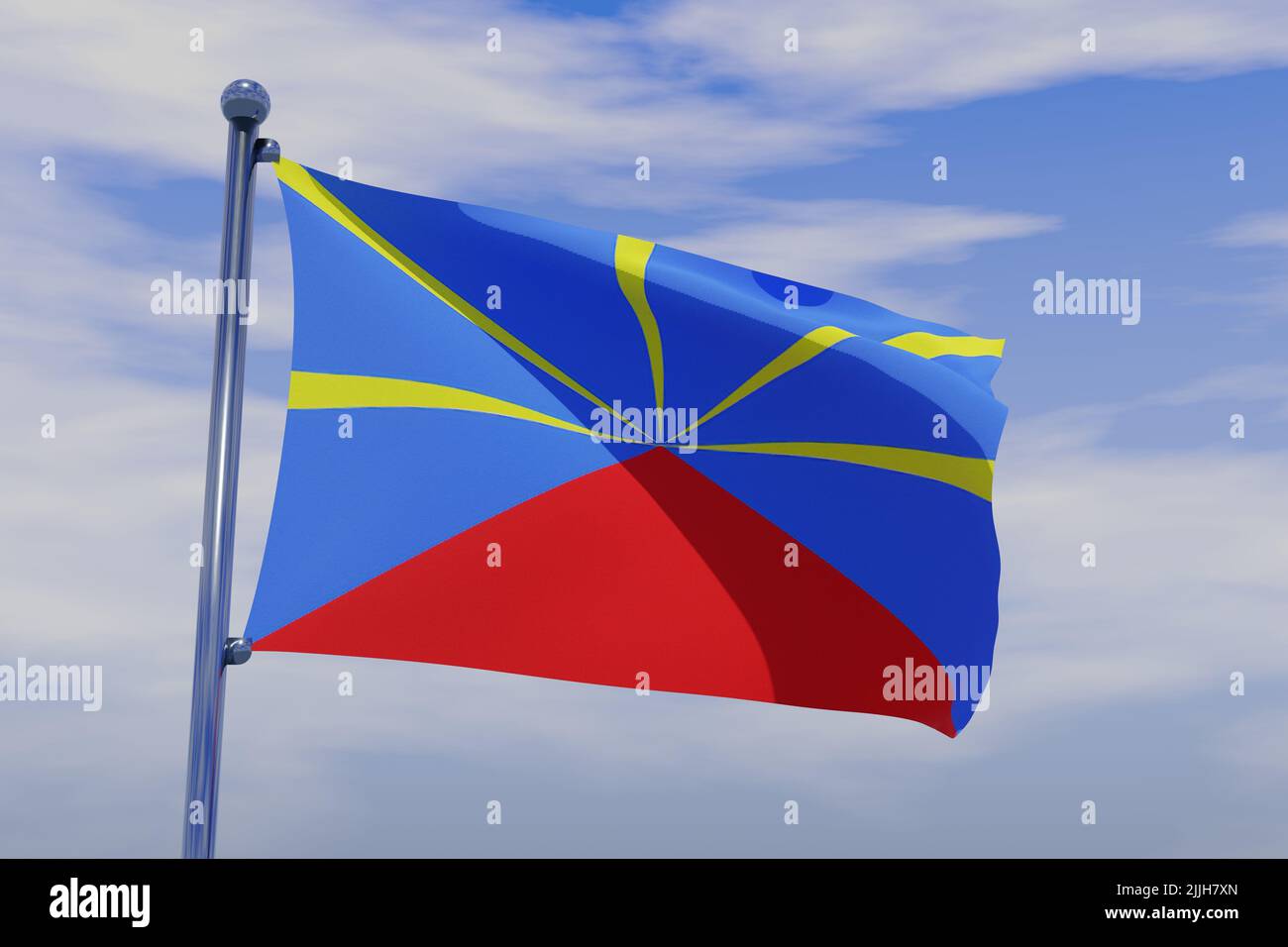 A 3D illustration of waving flag of Reunion with a chrome flag pole on ...