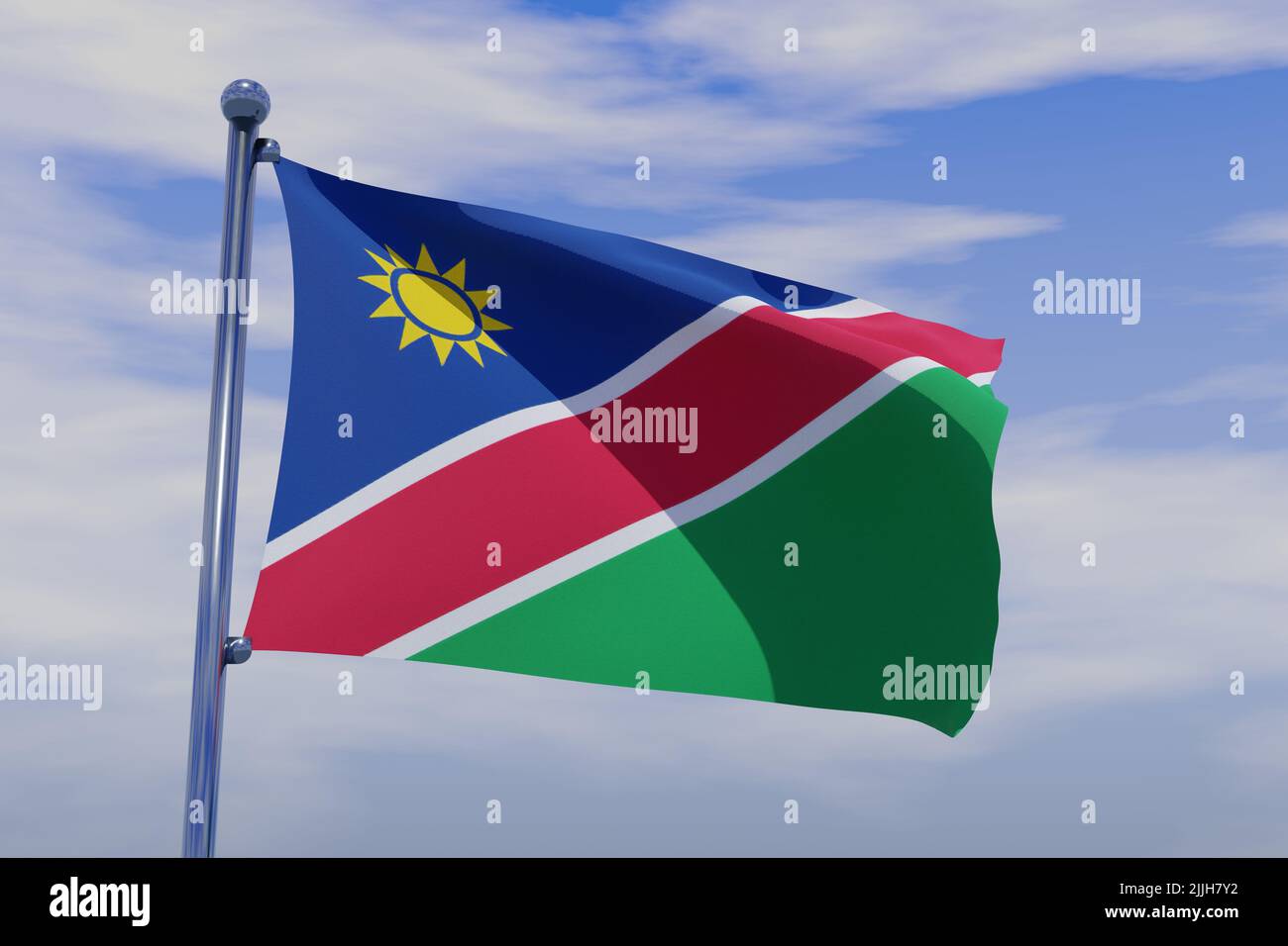 A 3D illustration of waving flag of Namibia with a chrome flag pole on ...