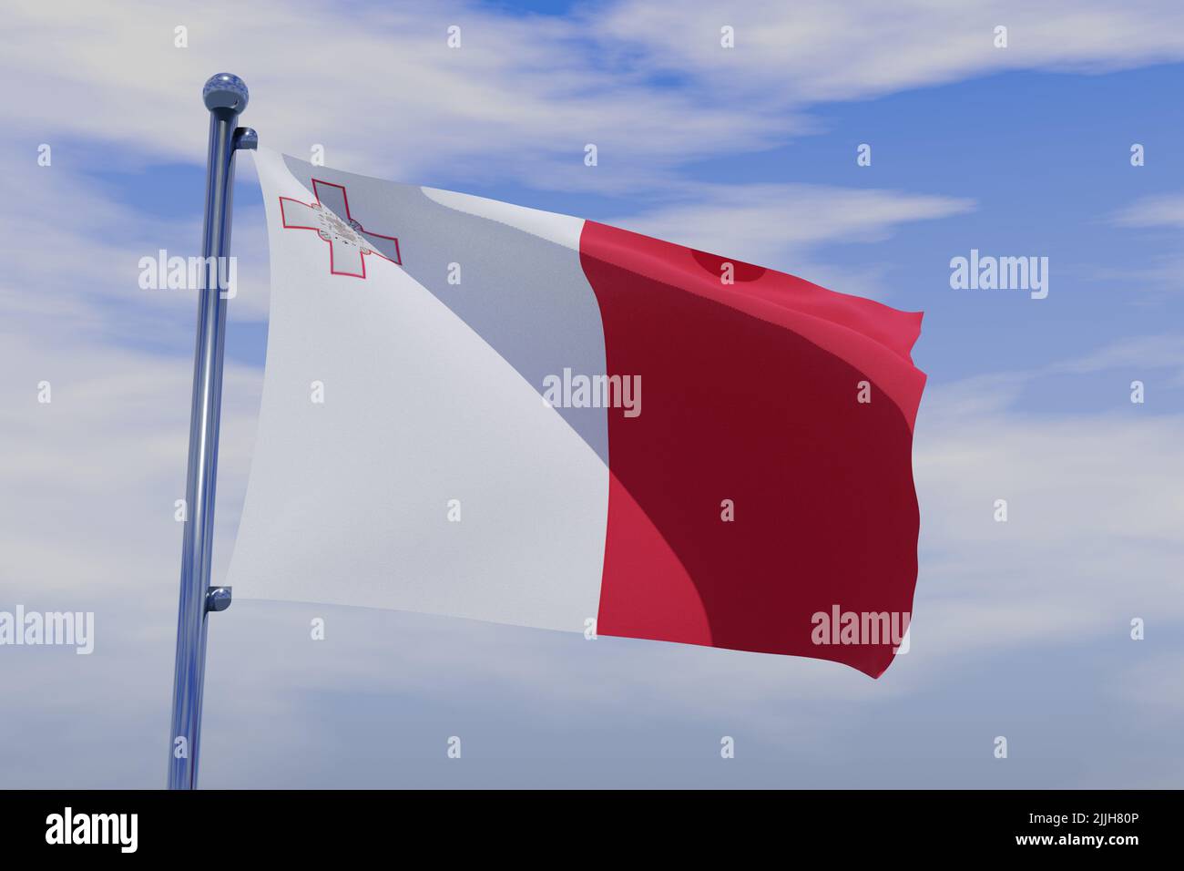 A 3D illustration of waving flag of Malta with a chrome flag pole on ...