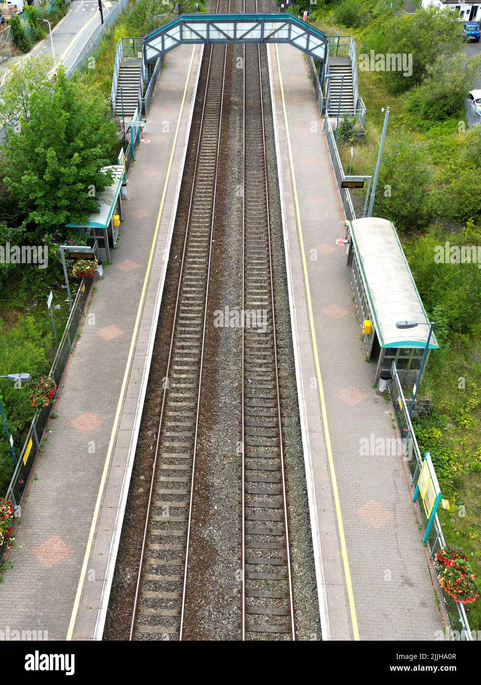 Pontyclun, Wales - July 2022: Aerial view of the railway station in the ...