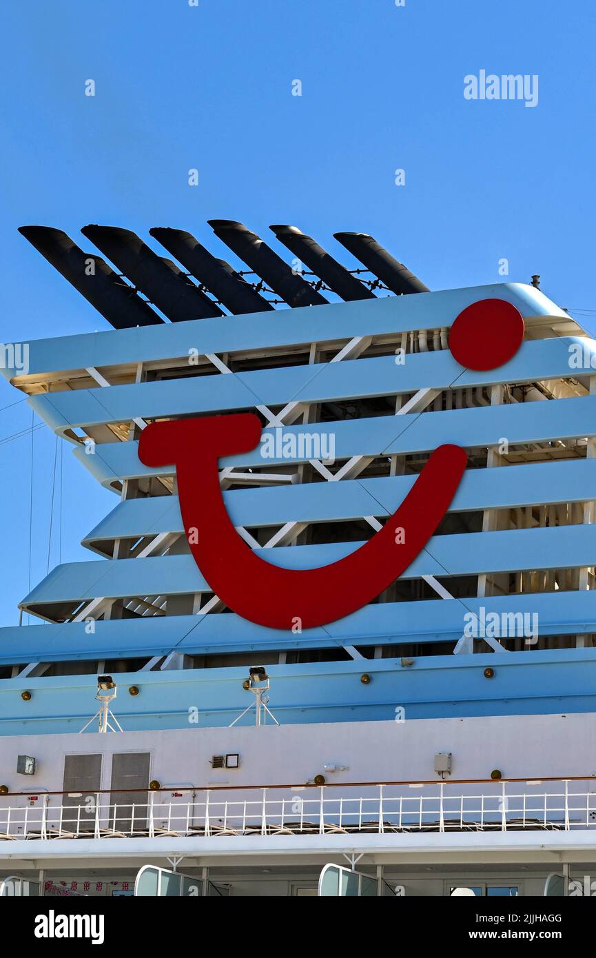 Corfu, Greece - June 2022: TUI logo on the funnel of a cruise ship ...