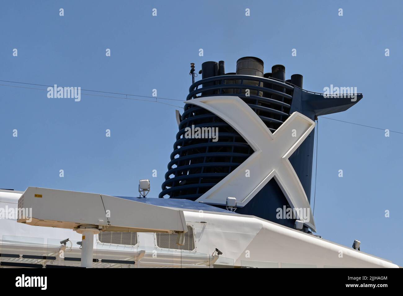 Kusadasi, Turkey - May 2022: Sign on the funnel of the cruise ship ...