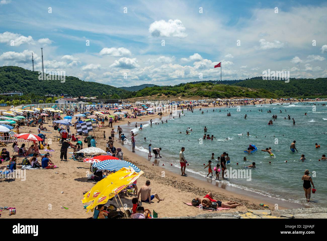 People are swimming in the public beach in Ağva, Istanbul. 2022,June 30 ...