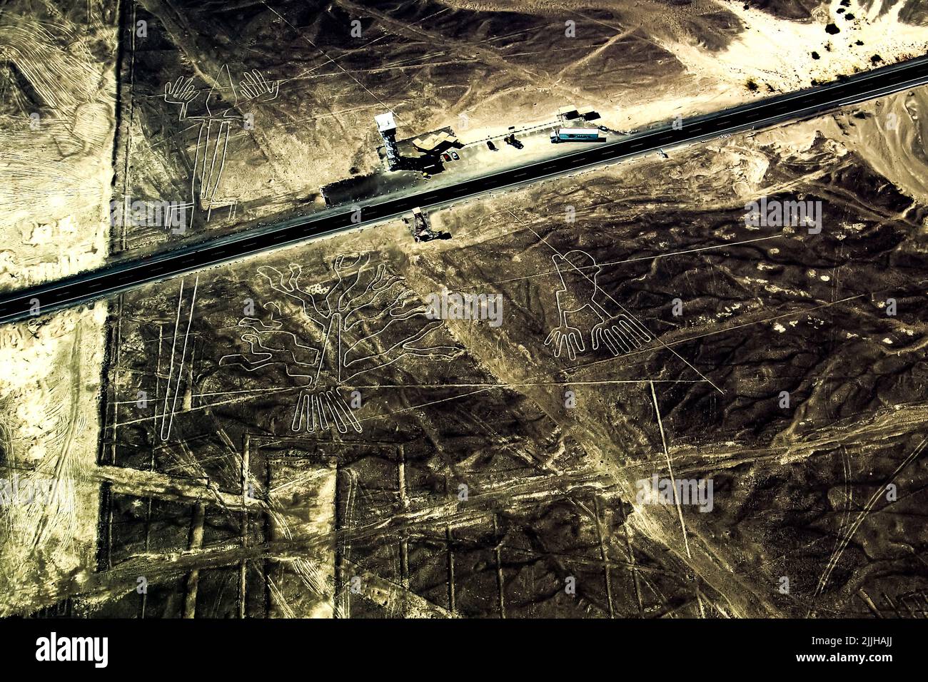 Nazca Lines in Peru: The Tree, The Hands, The Lizard, high contrast ...