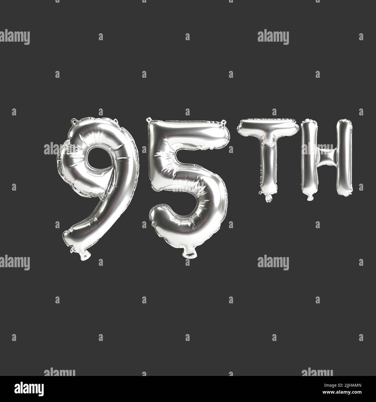 3d illustration of 95th silver balloons isolated on dark background ...