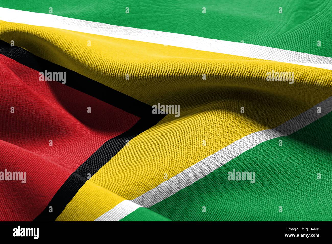 3D illustration closeup flag of Guyana. Waving on the wind flag textile background Stock Photo ...