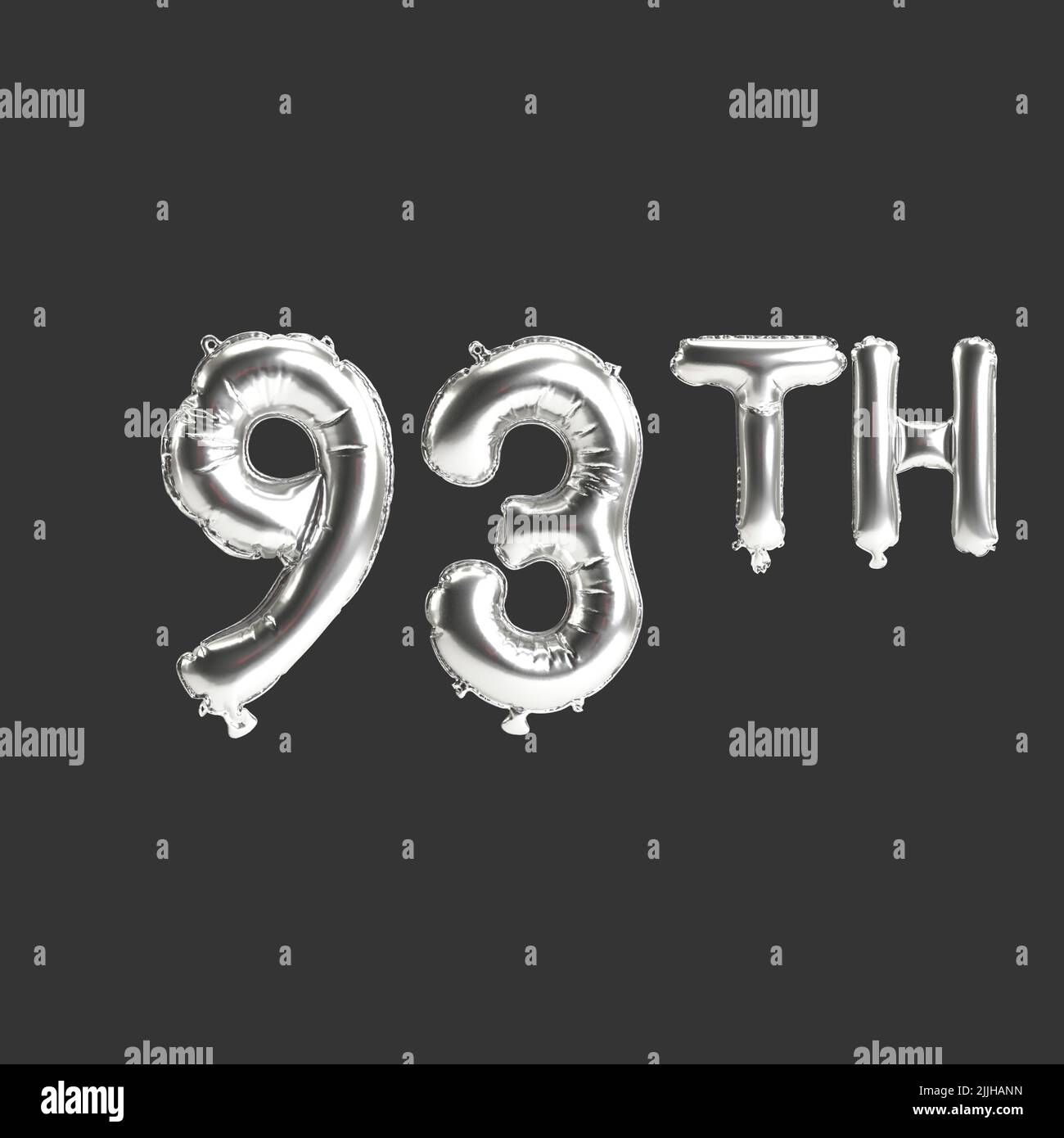 3d illustration of 93th silver balloons isolated on dark background ...