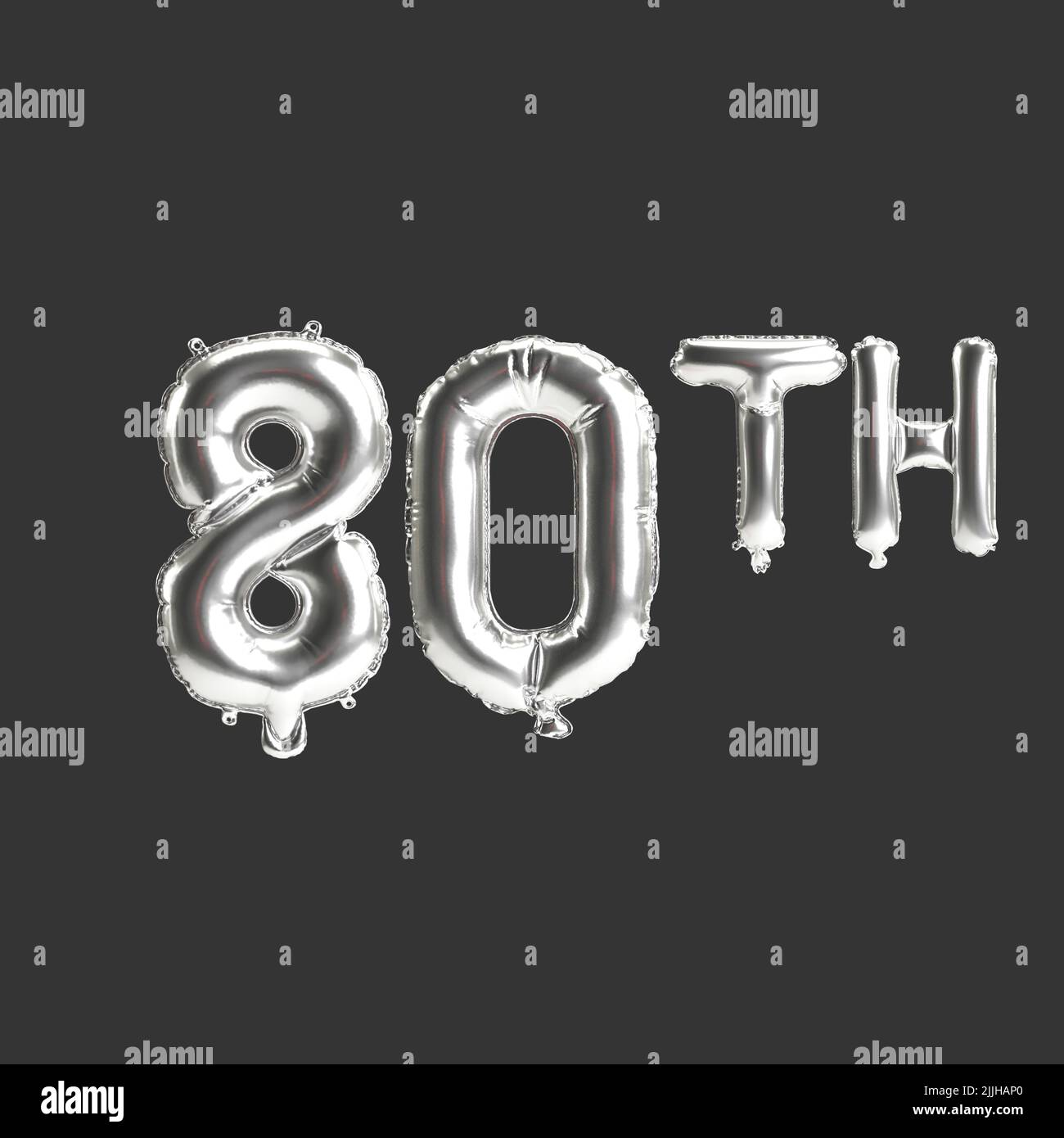 3d illustration of 80th silver balloons isolated on dark background ...