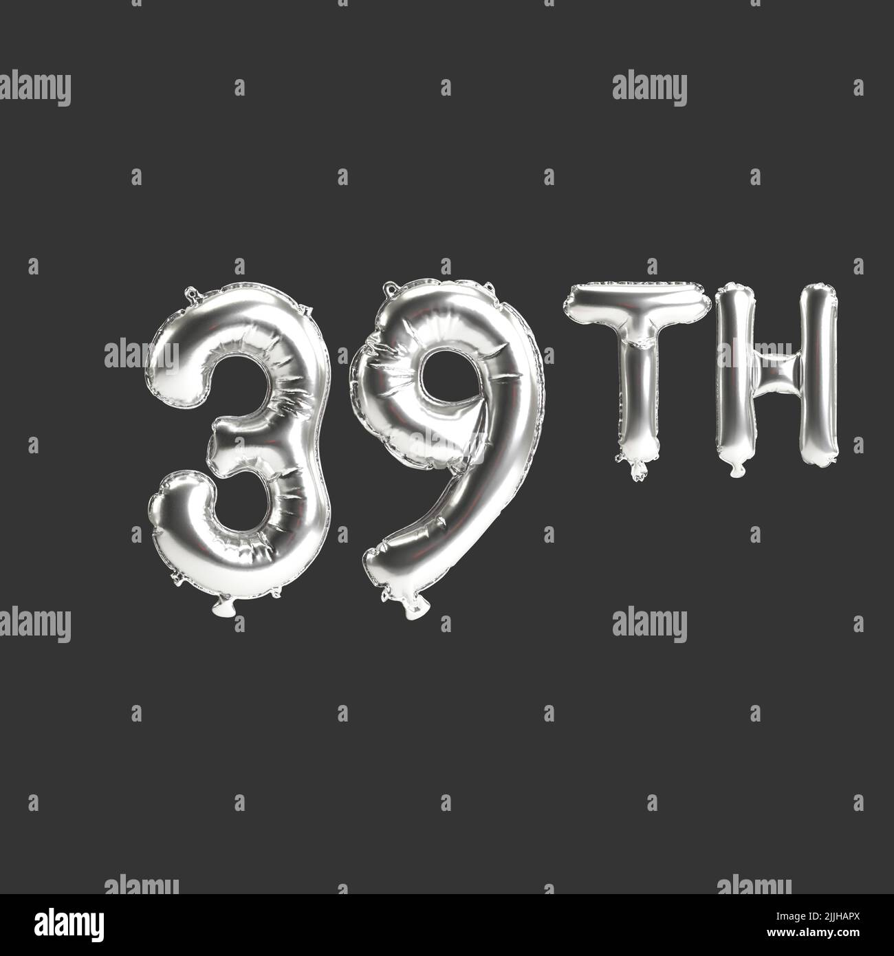 3d illustration of 39th silver balloons isolated on dark background ...