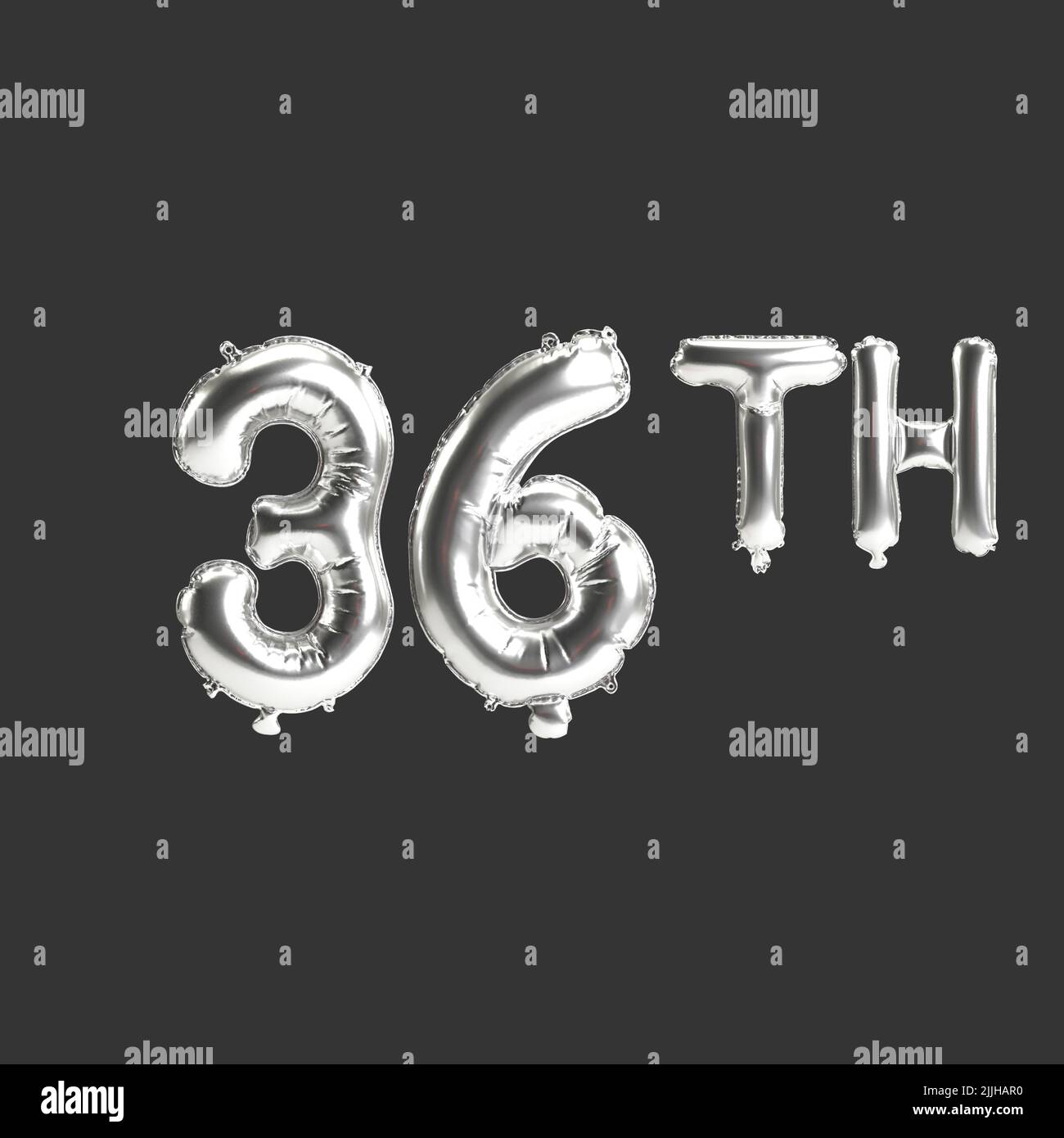 3d illustration of 36th silver balloons isolated on dark background ...