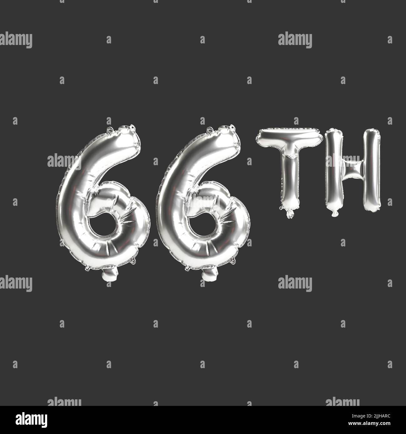 3d illustration of 66th silver balloons isolated on dark background ...