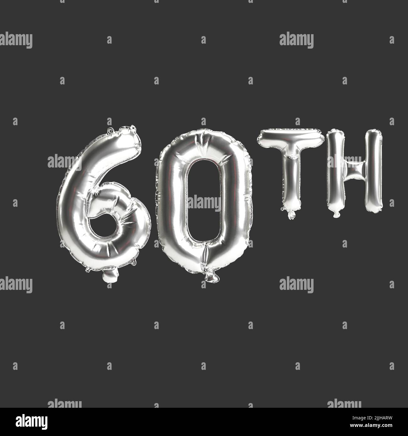 3d illustration of 60th silver balloons isolated on dark background ...