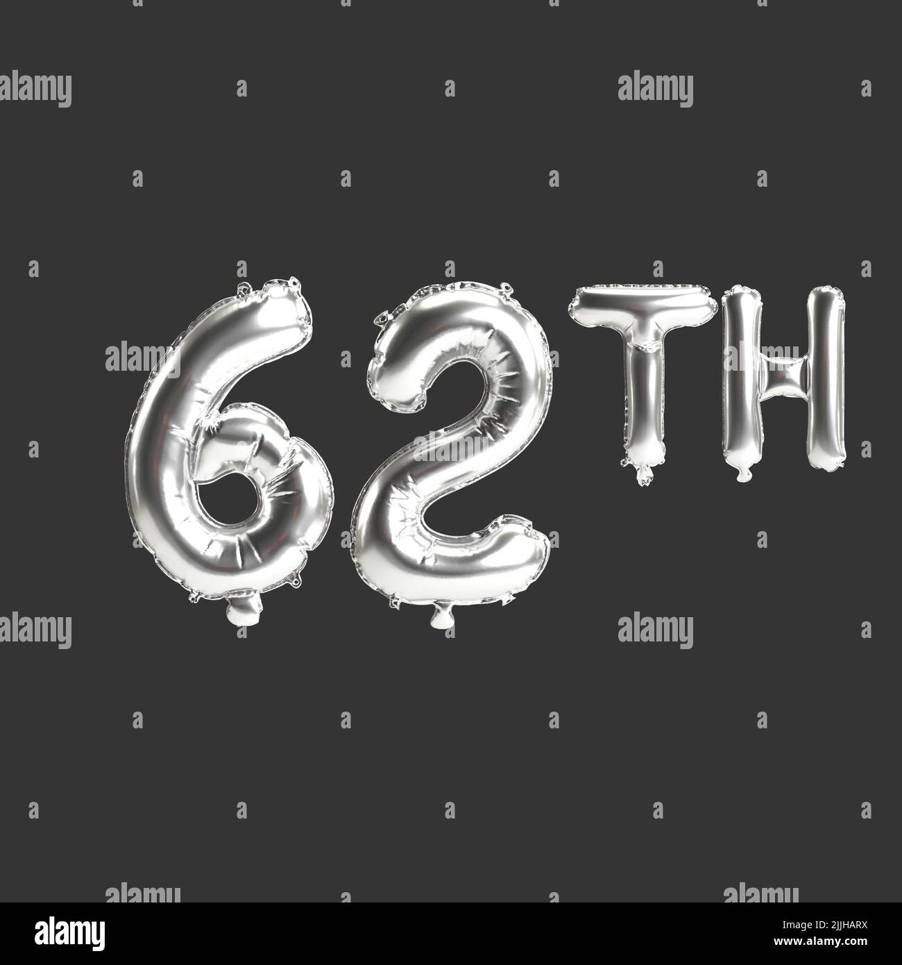 3d illustration of 62th silver balloons isolated on dark background ...