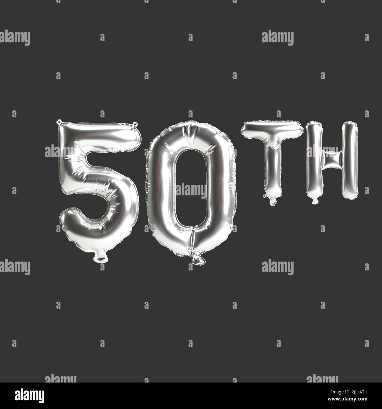 3d illustration of 50th silver balloons isolated on dark background ...
