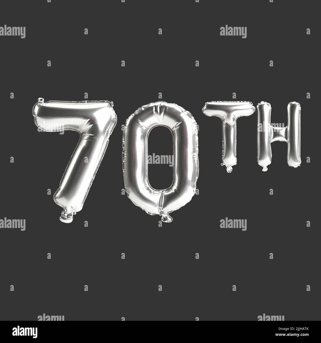 3d illustration of 70th silver balloons isolated on dark background ...