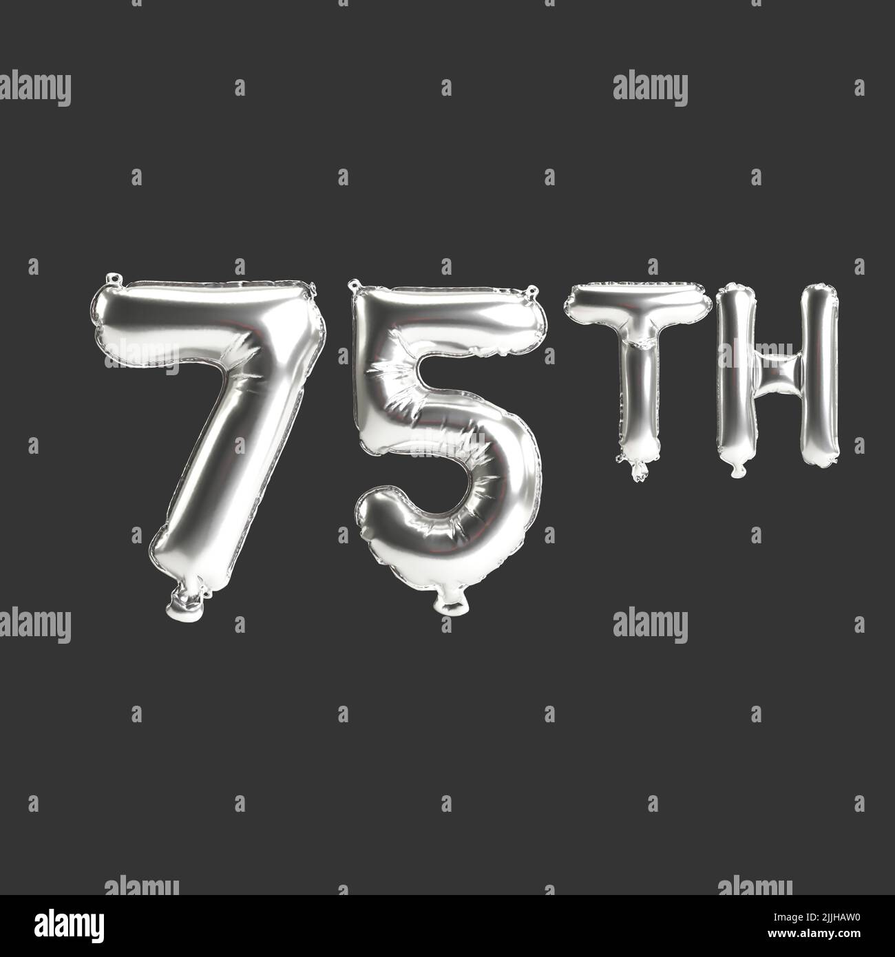 3d illustration of 75th silver balloons isolated on dark background ...